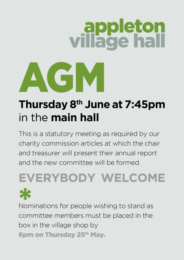 Village Hall AGM – 8th June, 7:30pm – Appleton With Eaton